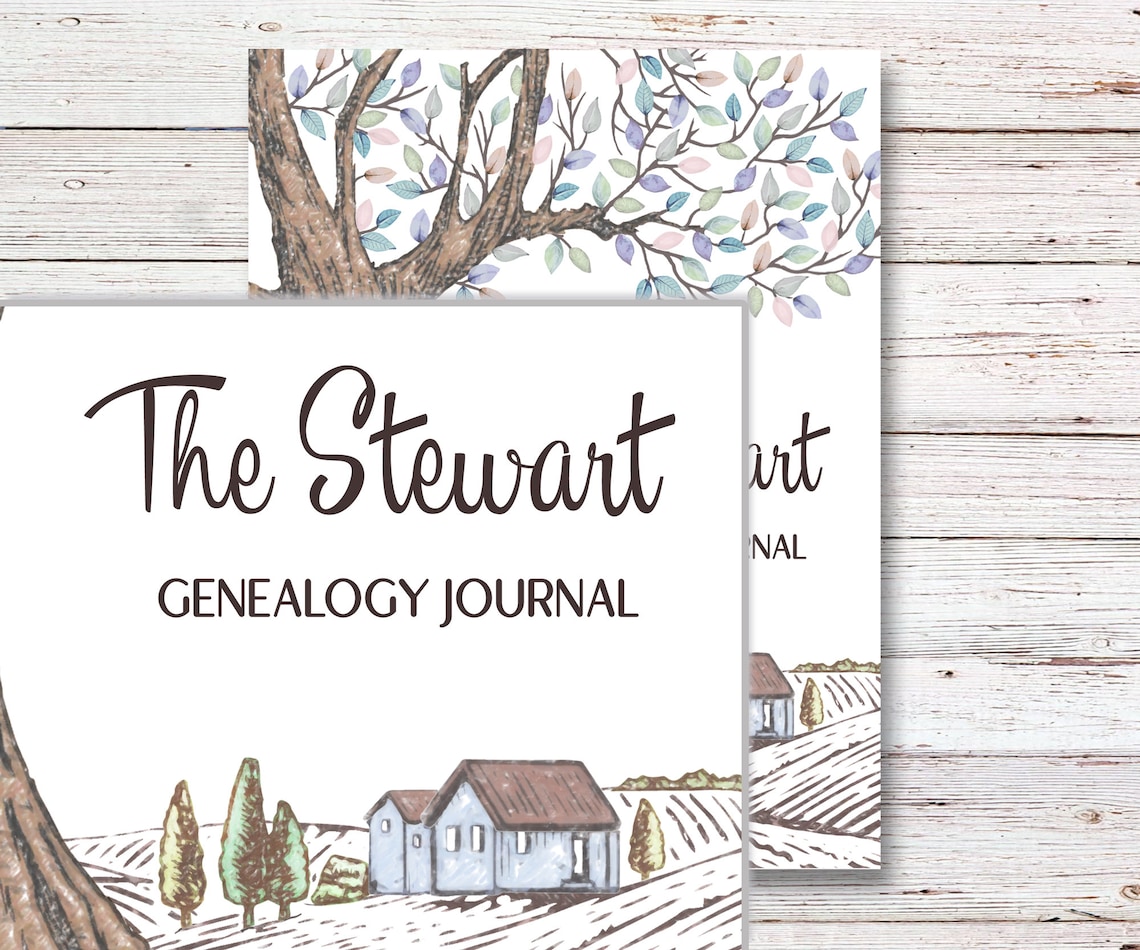 Family Tree Notebook Cover Page: Leafy Tree With House on Fields Stewi ...