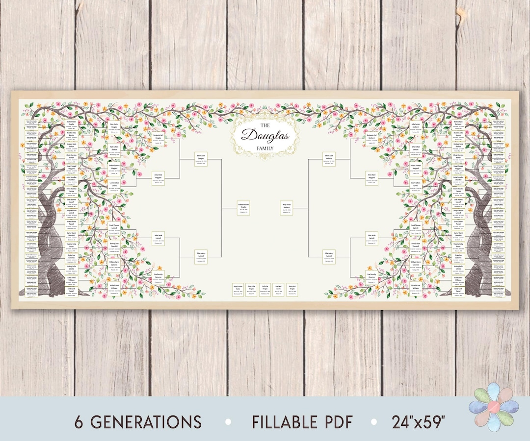 Family Tree Template for 6 Generations. Couple Branched Large Summer ...