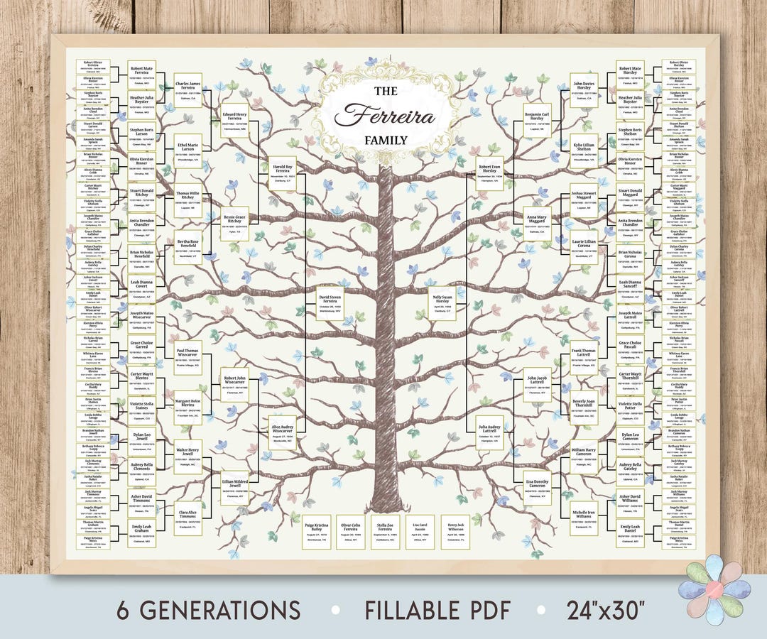 6 Generations Family Tree Template: Winter Branched Tree Ferri ...