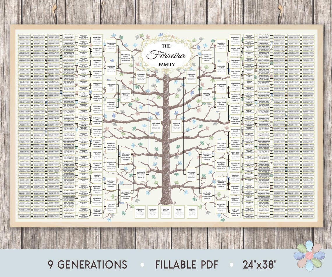 Family Tree Template for 9 Generations. Branched Tree Winter Ferri ...