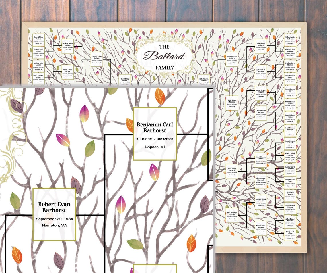5 Generations Family Tree Template: Old Leafy Branched Trees Balli ...