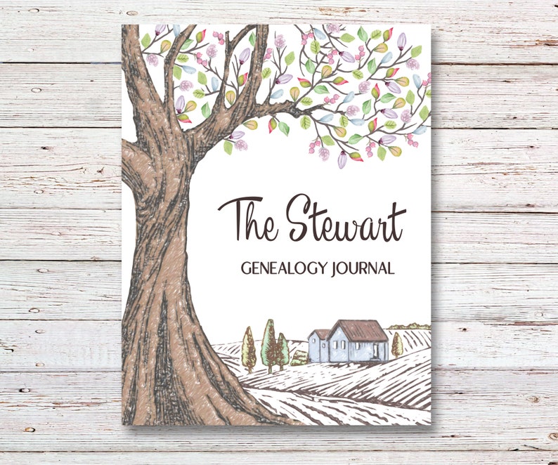 Family Tree Notebook Cover Page: Leafy Tree With House on Fields Stewi ...