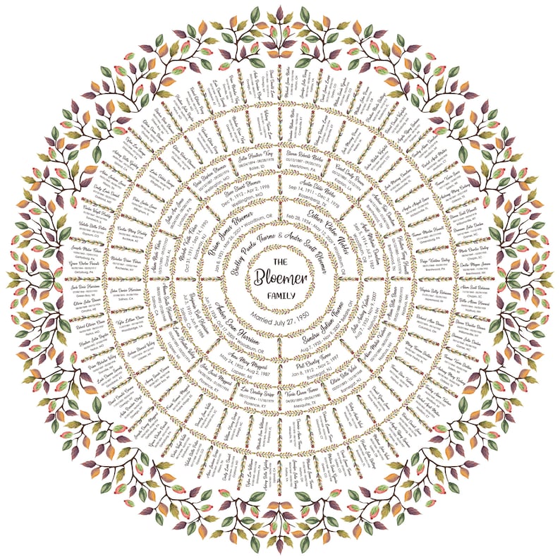 Family Tree Chart for 6 Generations. Round Tree With Leafy Ornament ...