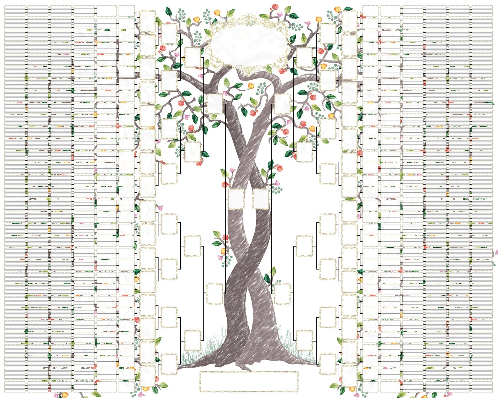 10 Generations Watercolor Family Tree: Two Intertwining Summer Trees ...