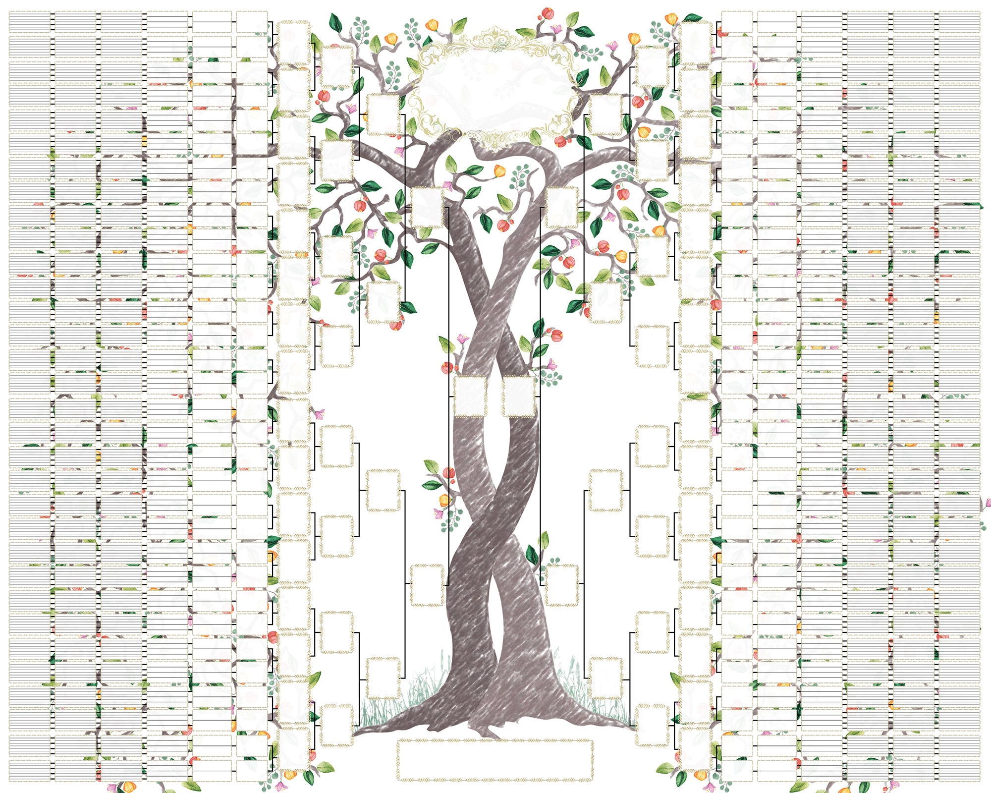 10 Generations Watercolor Family Tree: Two Intertwining Summer Trees ...