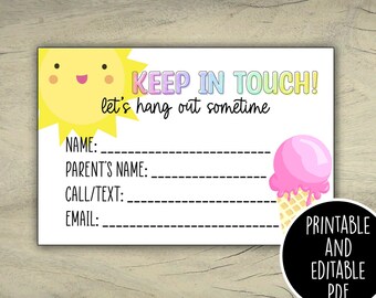 Printable Summer Contact Cards, Editable Kids Play Date Cards, Keep in ...
