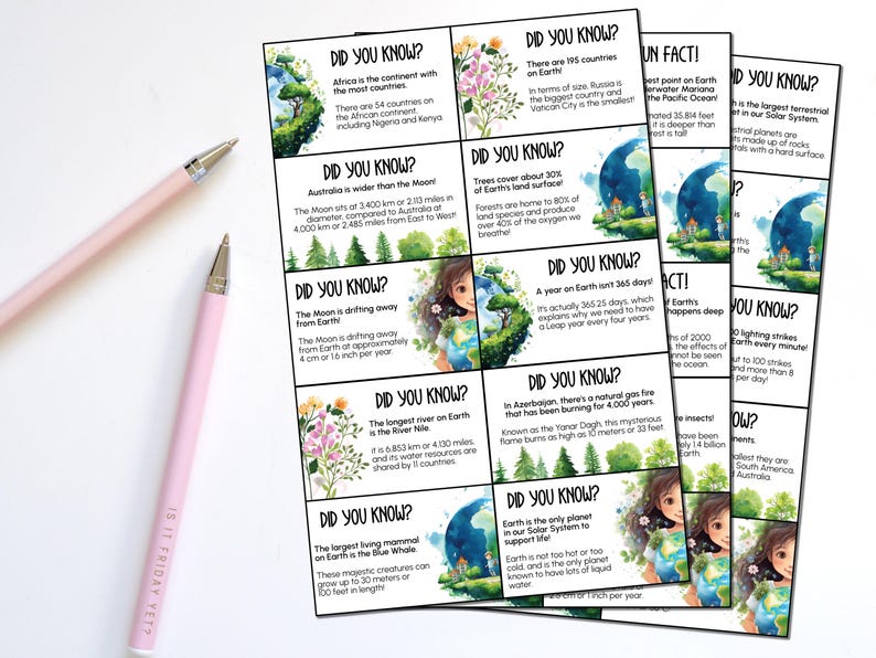 Printable Earth Themed Fun Facts, Set of 30 Kids Lunchbox Notes ...