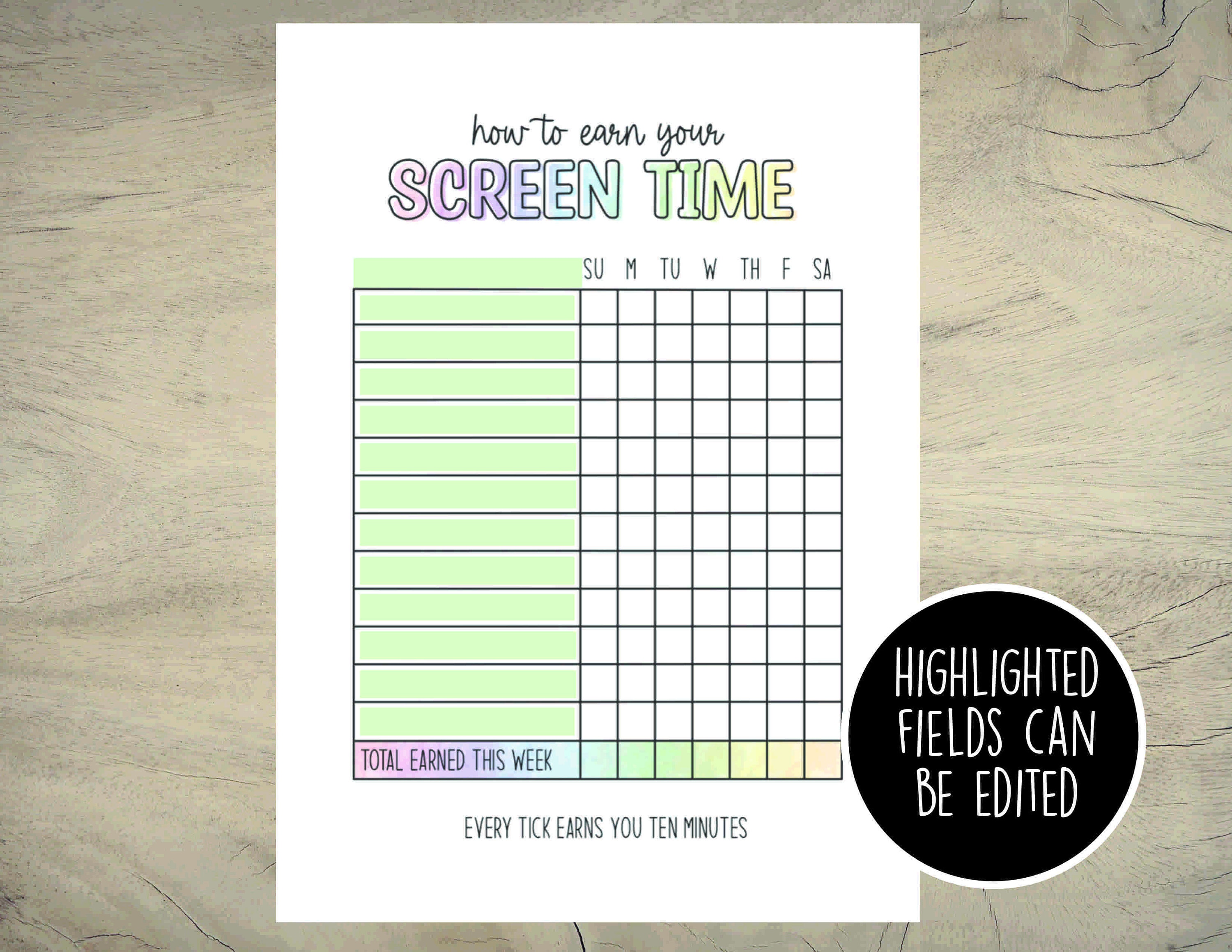Screentime Chore Checklist, Weekly Printable Screentime List, Rainbow ...