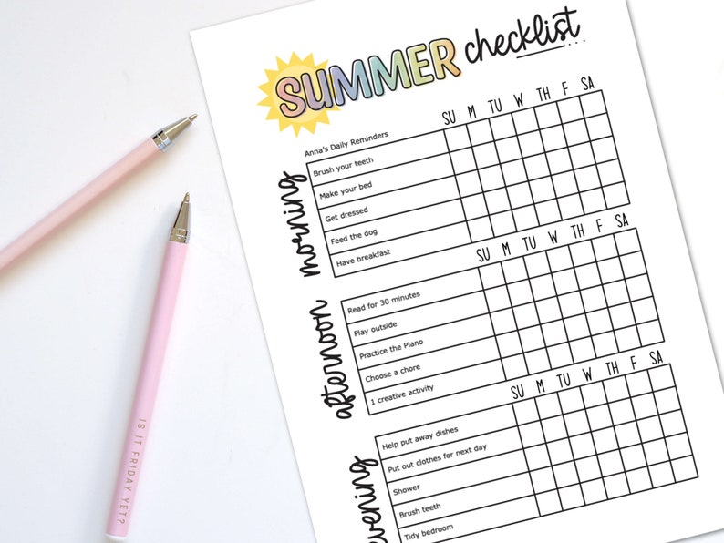 Summer Daily Checklist, Printable Summer List, Summer Holiday Chart ...