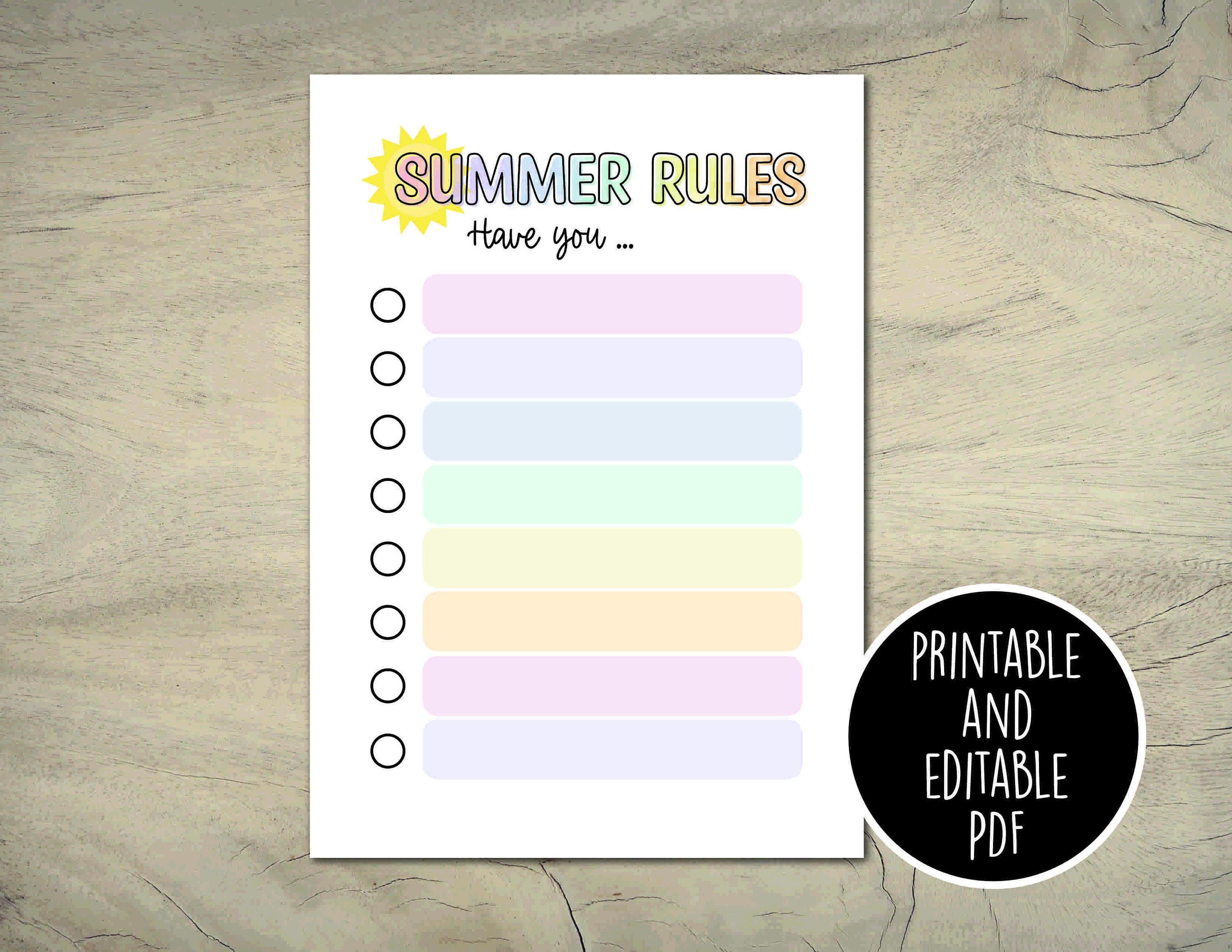 Summer Rules Checklist, Printable Summer Rules, Summer Holiday Chart ...