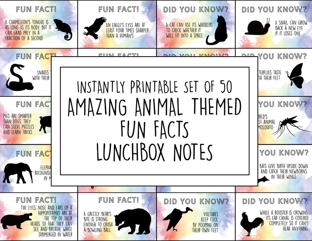 Printable Amazing Animal Themed Fun Facts, Set of 50 Kids Lunchbox ...