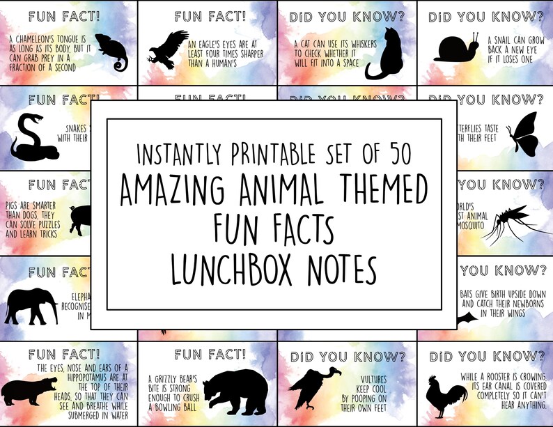 Printable Amazing Animal Themed Fun Facts, Set of 50 Kids Lunchbox ...