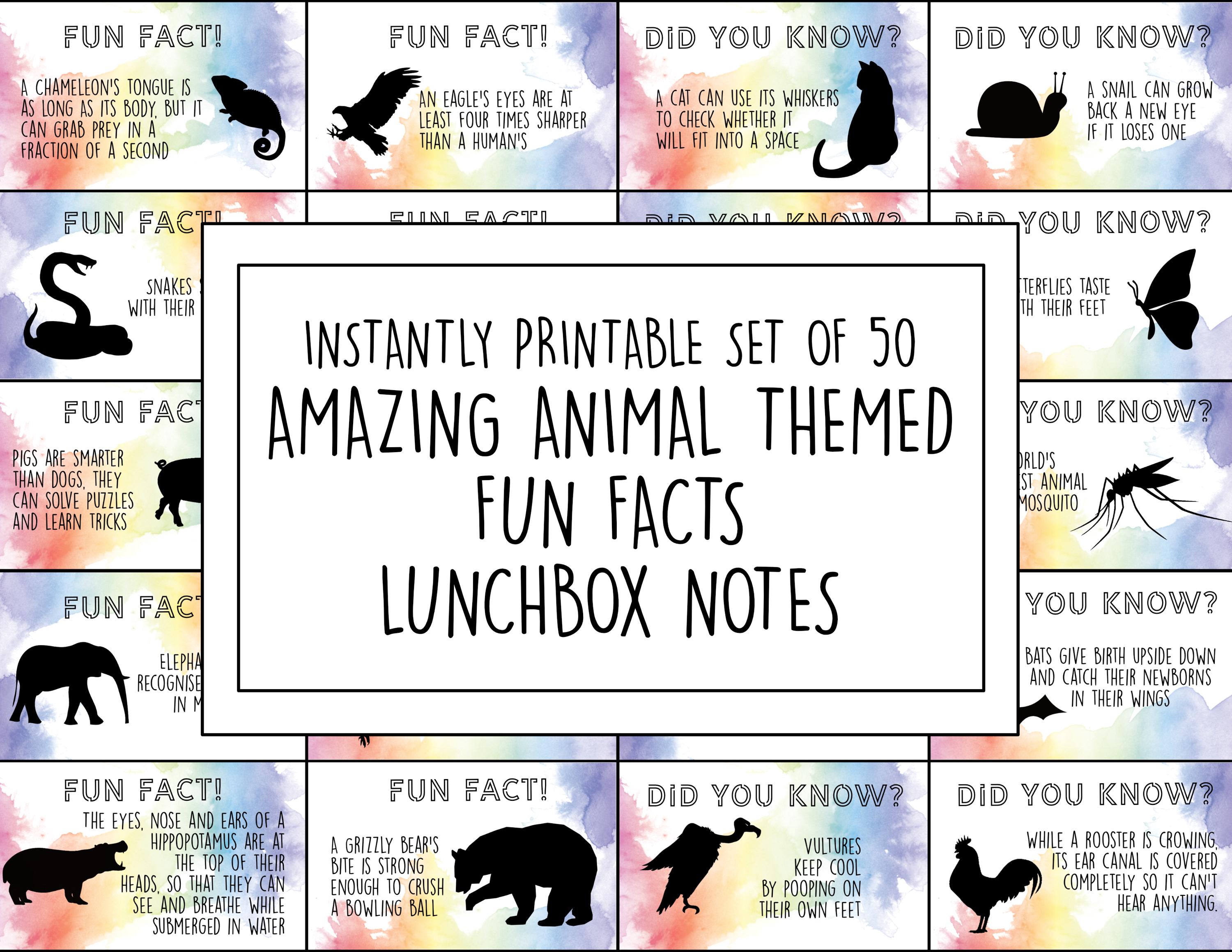 Printable Amazing Animal Themed Fun Facts, Set of 50 Kids Lunchbox ...