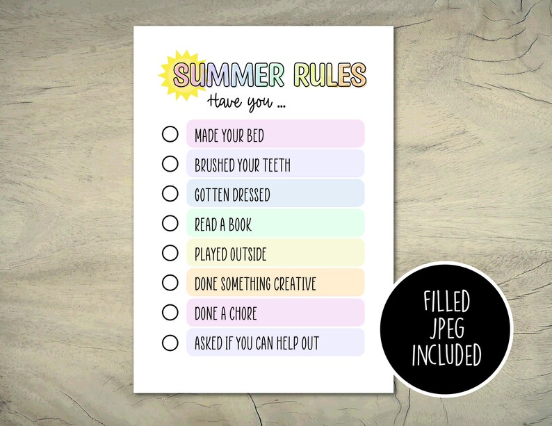 Summer Rules Checklist, Printable Summer Rules, Summer Holiday Chart ...