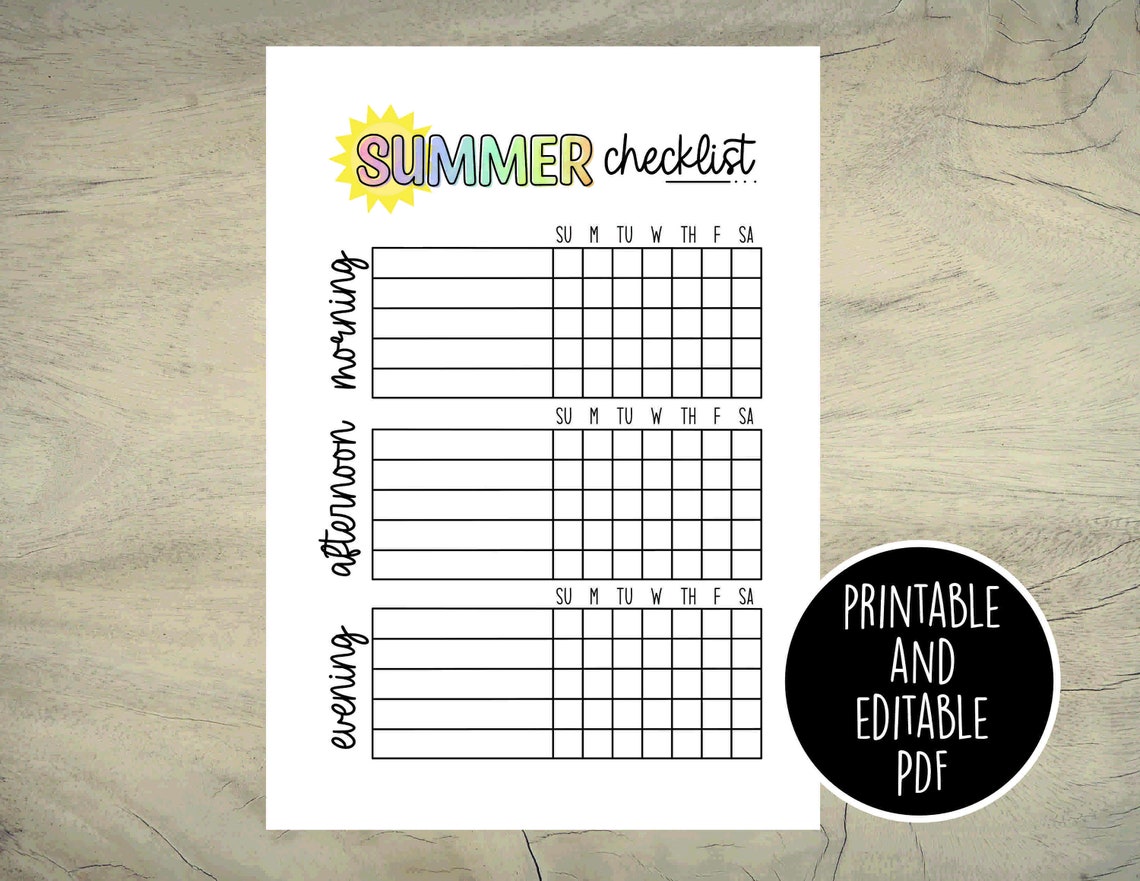 Summer Daily Checklist, Printable Summer List, Summer Holiday Chart ...