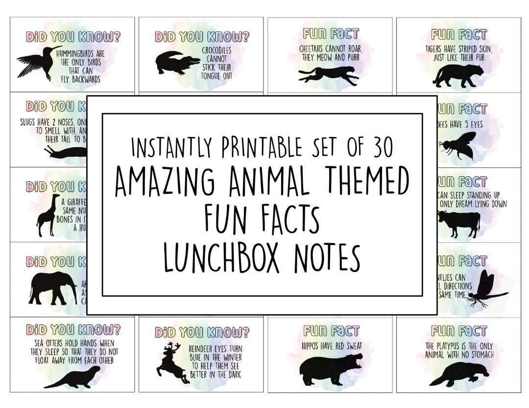 Printable Animal Fun Facts, Set of 30 Kids Lunchbox Notes, Educational ...