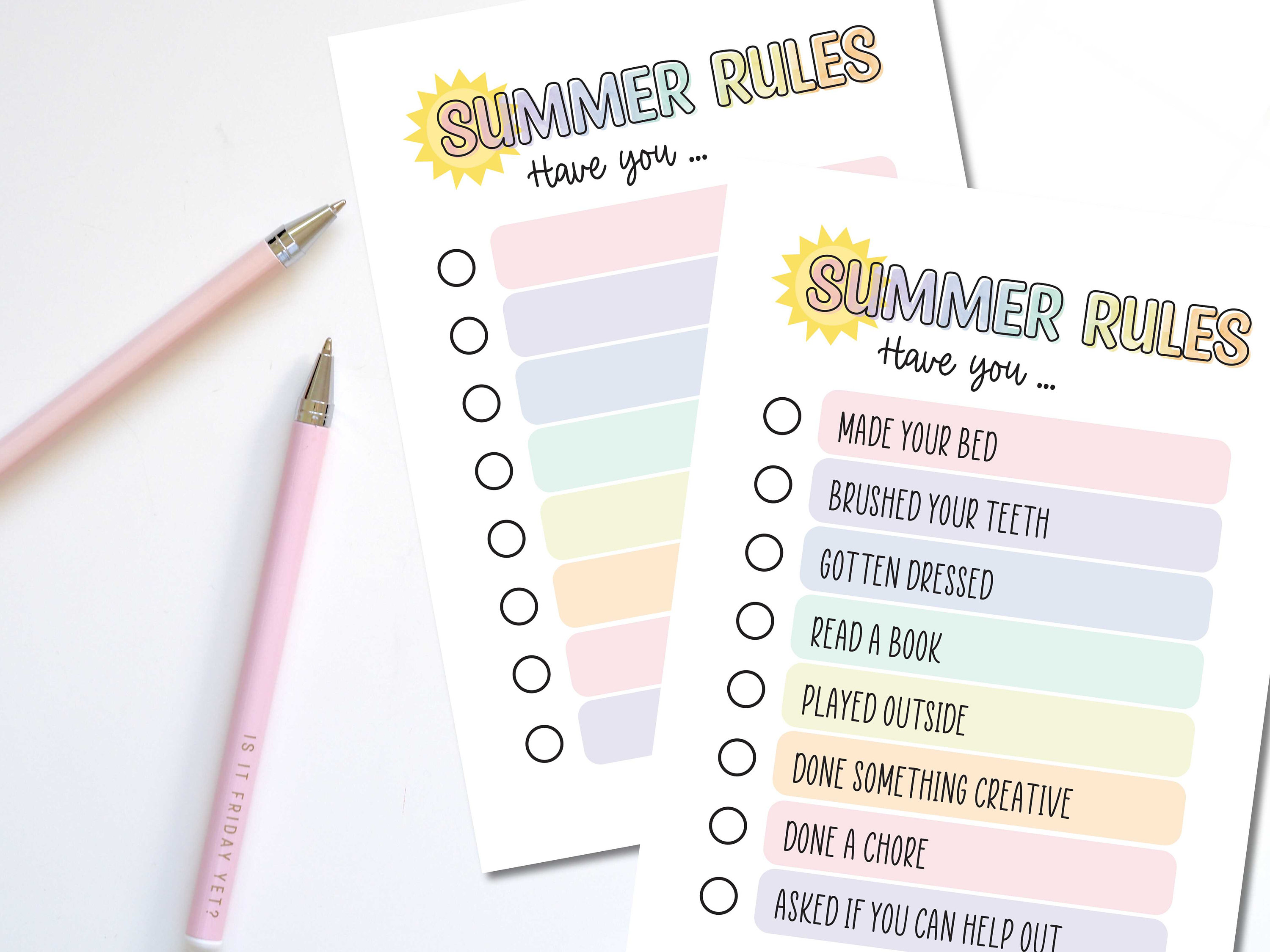 Summer Rules Checklist, Printable Summer Rules, Summer Holiday Chart ...