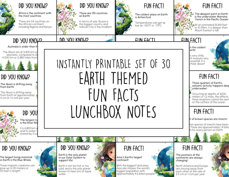 Printable Earth Themed Fun Facts, Set of 30 Kids Lunchbox Notes ...