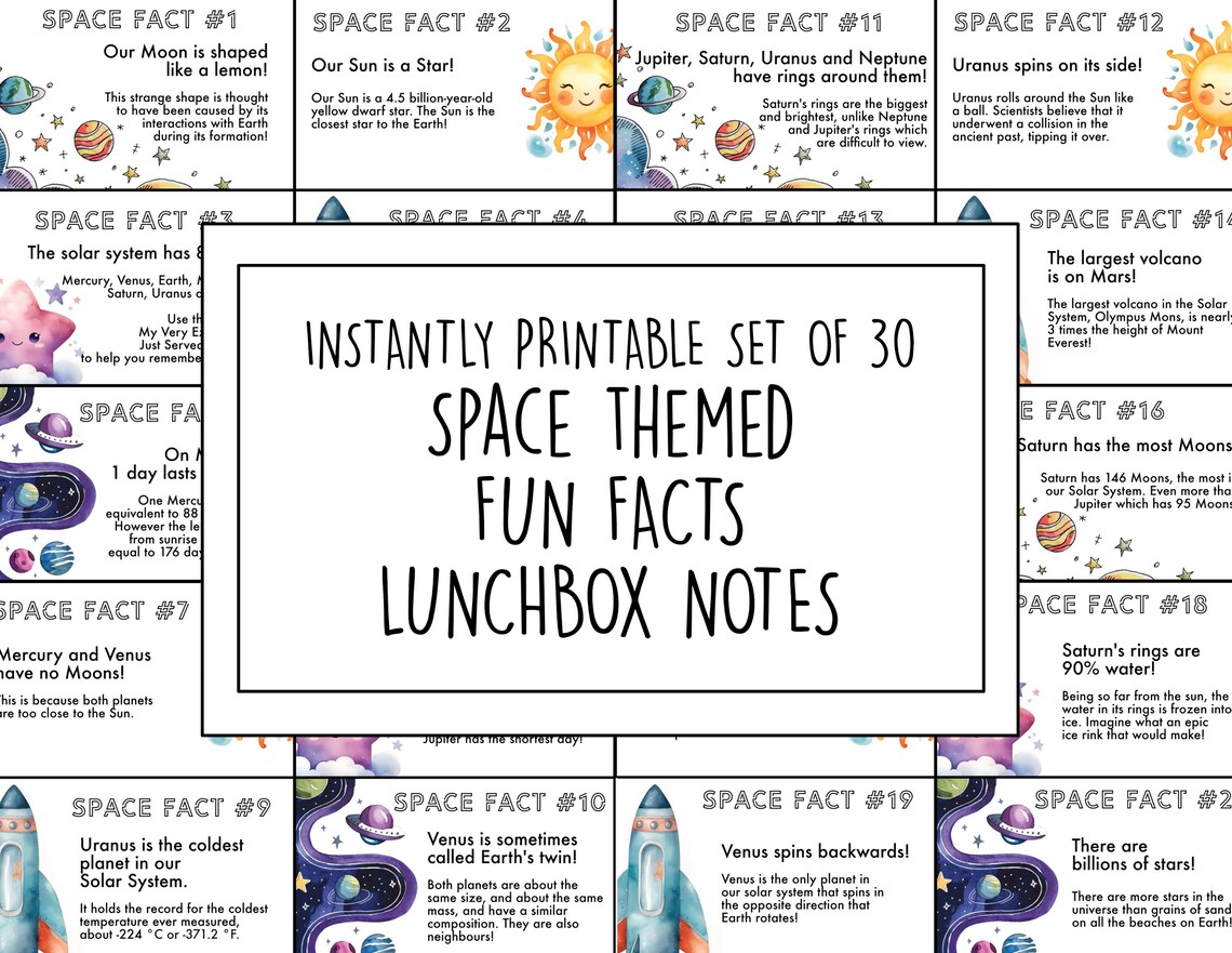 Printable Space Themed Fun Facts, Set of 30 Kids Lunchbox Notes ...