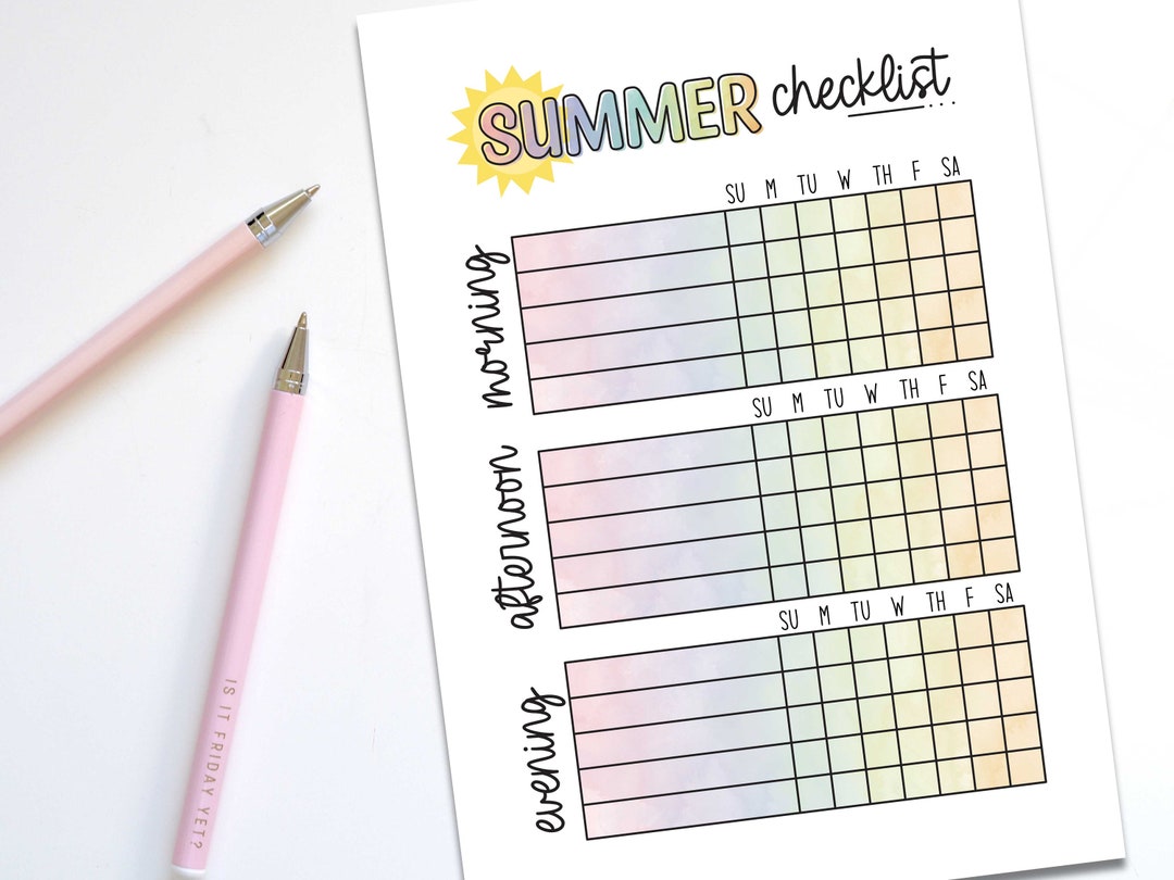 Summer Daily Checklist, Printable Summer List, Rainbow Background ...