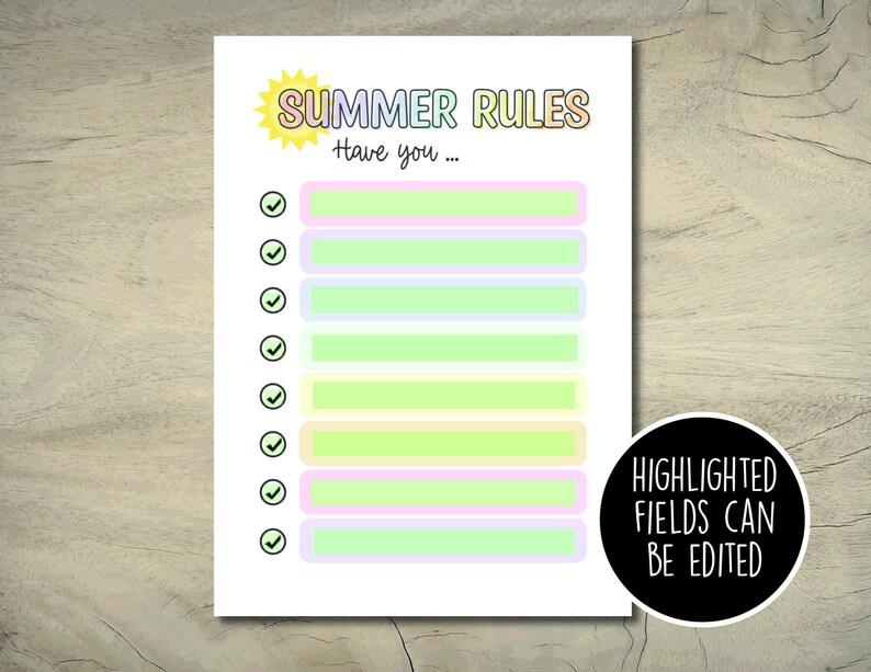 Summer Rules Checklist, Printable Summer Rules, Summer Holiday Chart ...