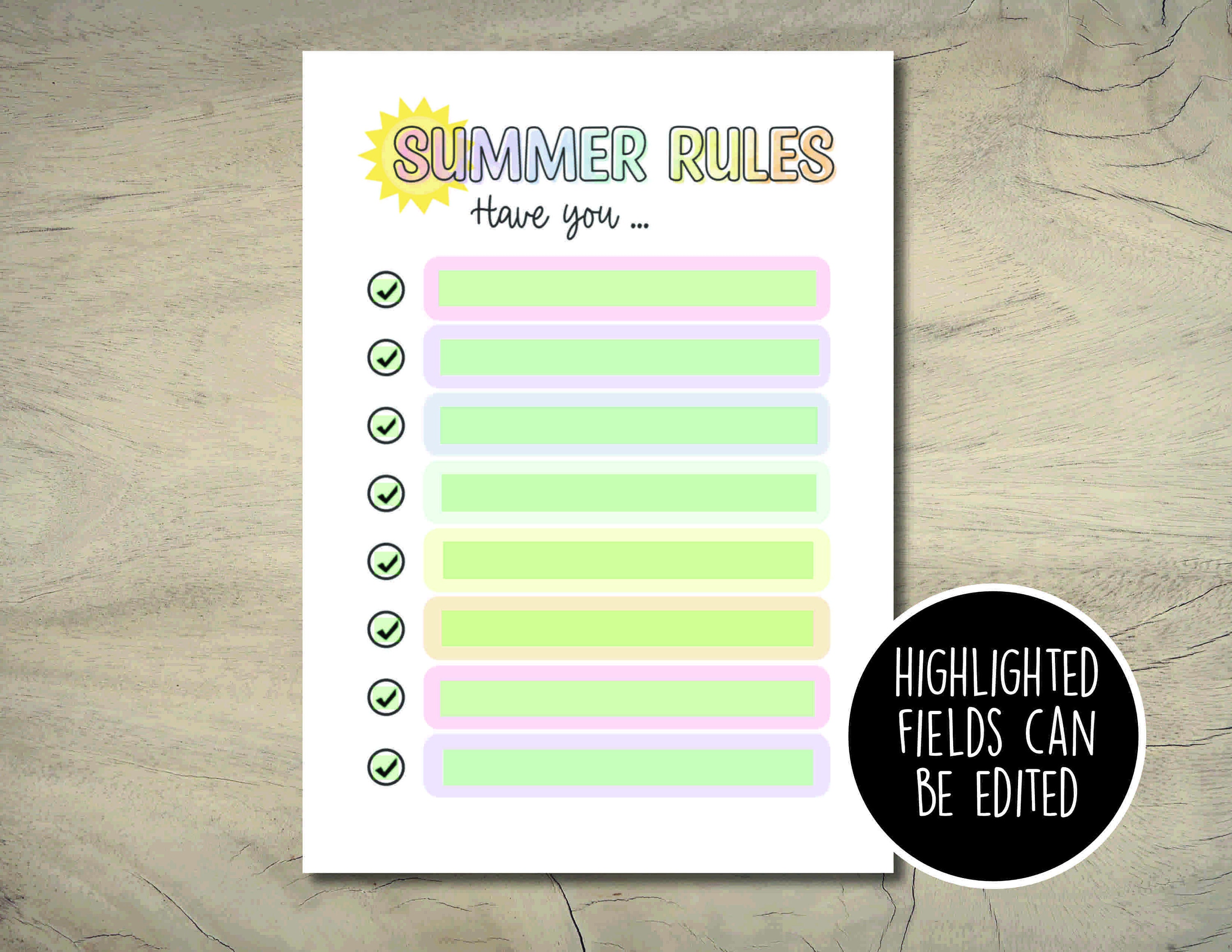 Summer Rules Checklist, Printable Summer Rules, Summer Holiday Chart ...