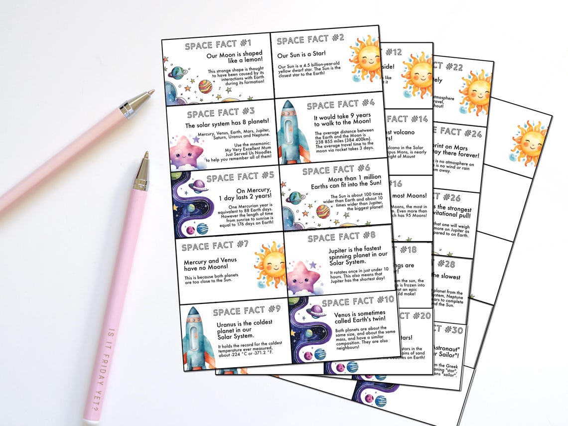 Printable Space Themed Fun Facts, Set of 30 Kids Lunchbox Notes ...