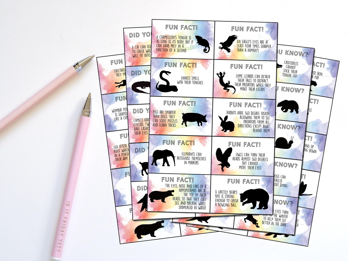 Printable Amazing Animal Themed Fun Facts, Set of 50 Kids Lunchbox ...