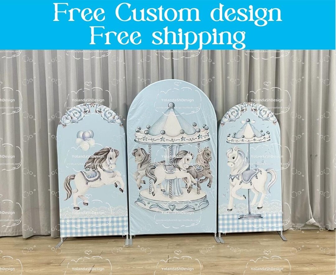 Blue Carousel Arch Stand Backdrop Floral Balloons Chiara Wall Backdrop ...