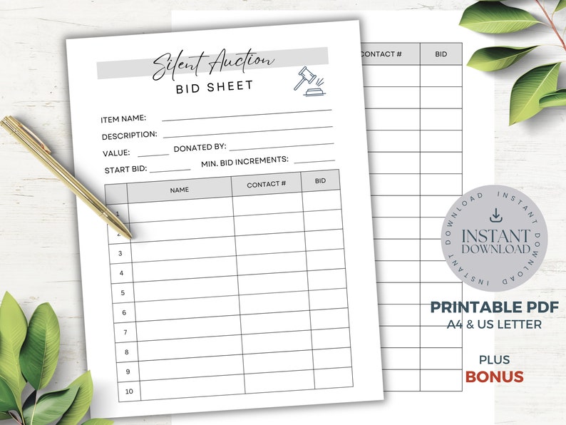 Silent Auction Sign up | Printable PDF Bid Sheet With Bonus Results ...