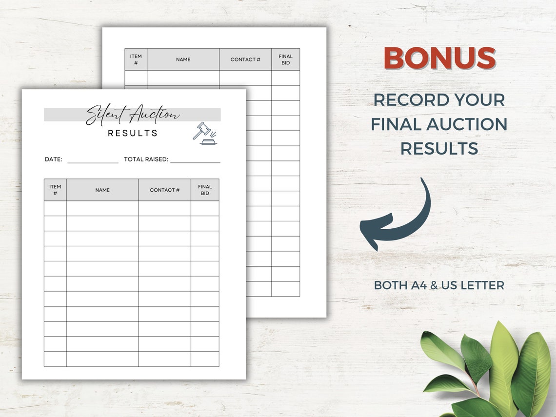 Silent Auction Sign up | Printable PDF Bid Sheet With Bonus Results ...