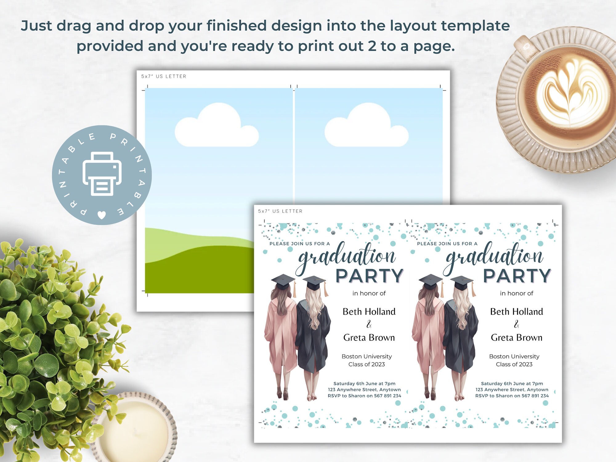 Double Graduation Party Invitation Template, Girls Graduation Invite ...