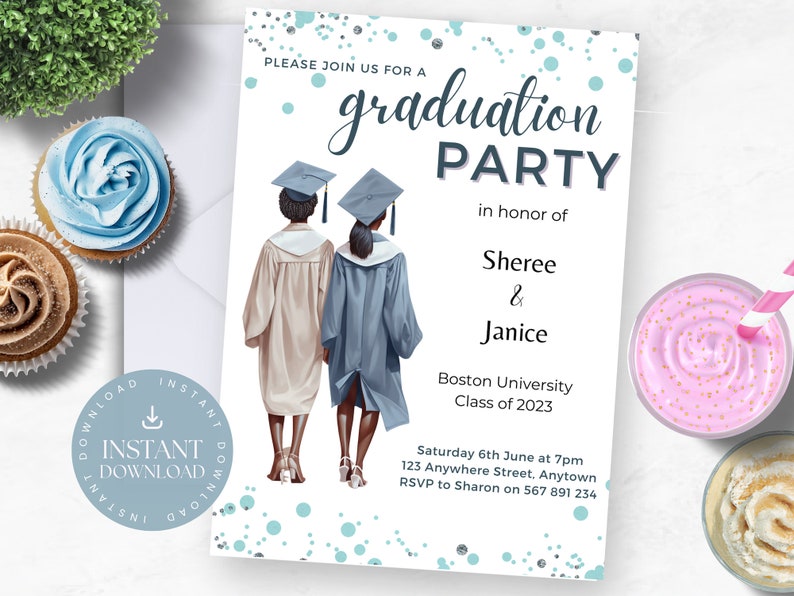 Double Graduation Party Invitation Template, Girls Invite, Printable ...