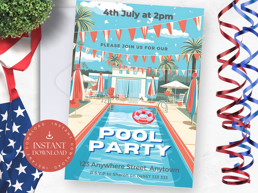 Editable 4th of July Pool Party Invite | Edit in Canva | INSTANT ...