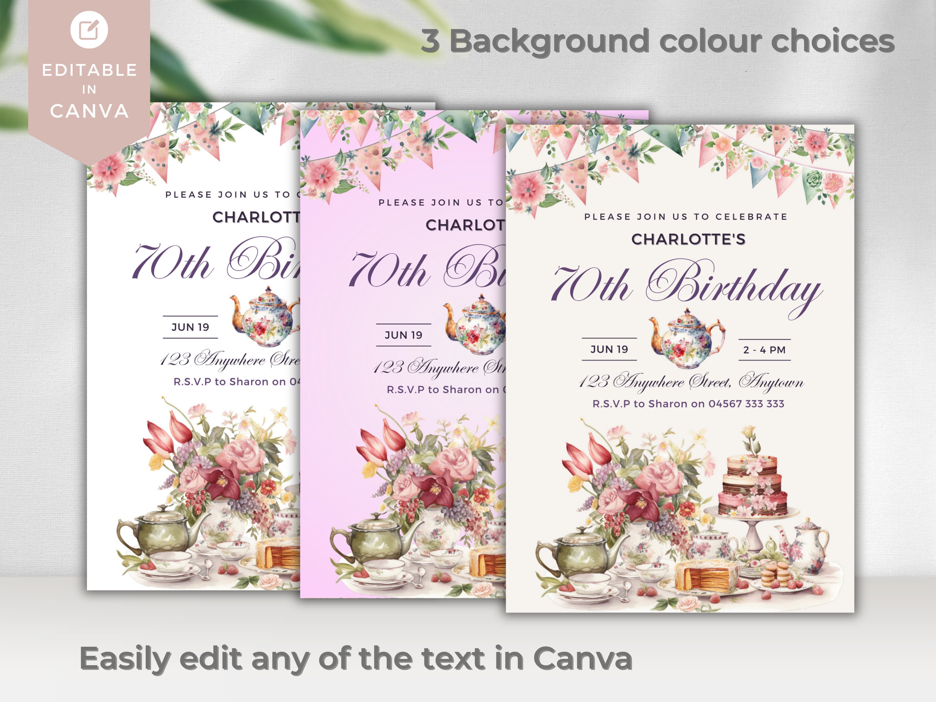 70th Birthday High Tea Invitation | Edit in Canva | Instant Template ...