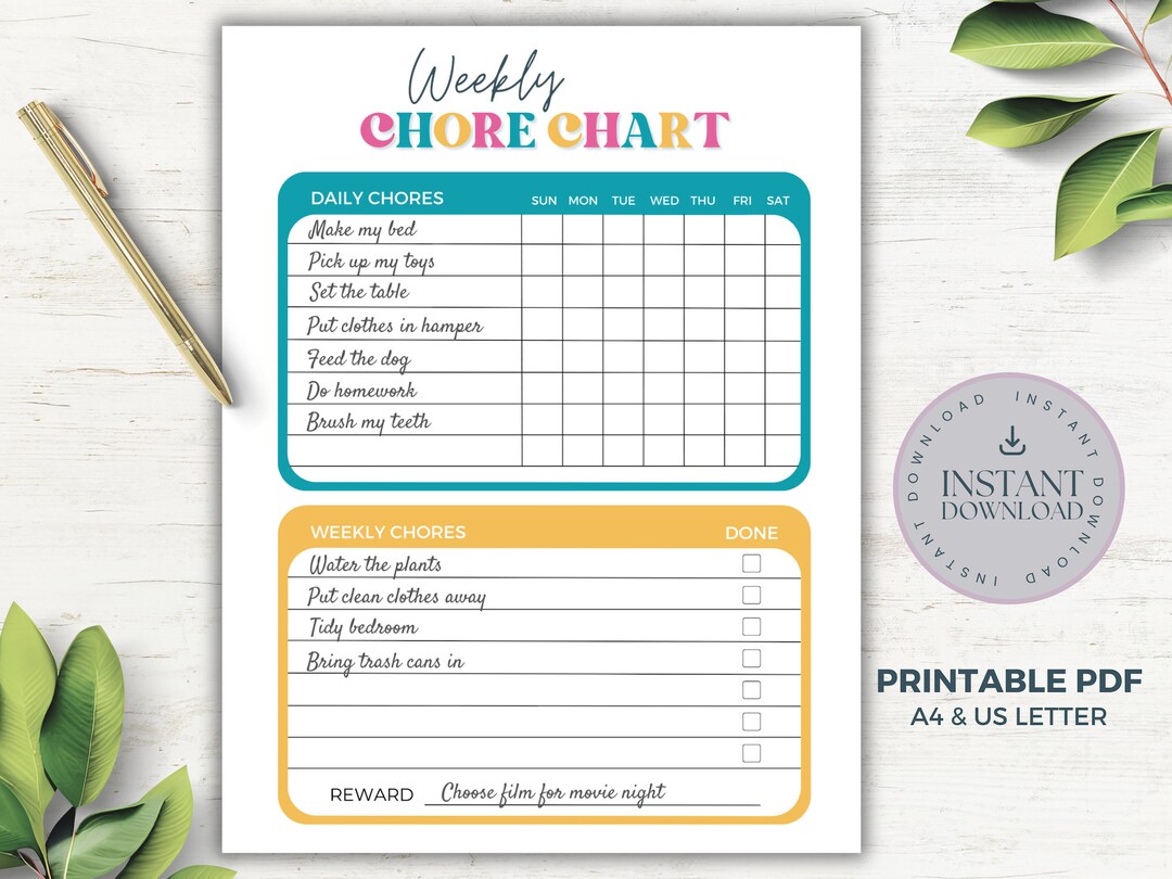 Kids Weekly Chore Chart, Printable PDF, Kids Responsibility Chart ...