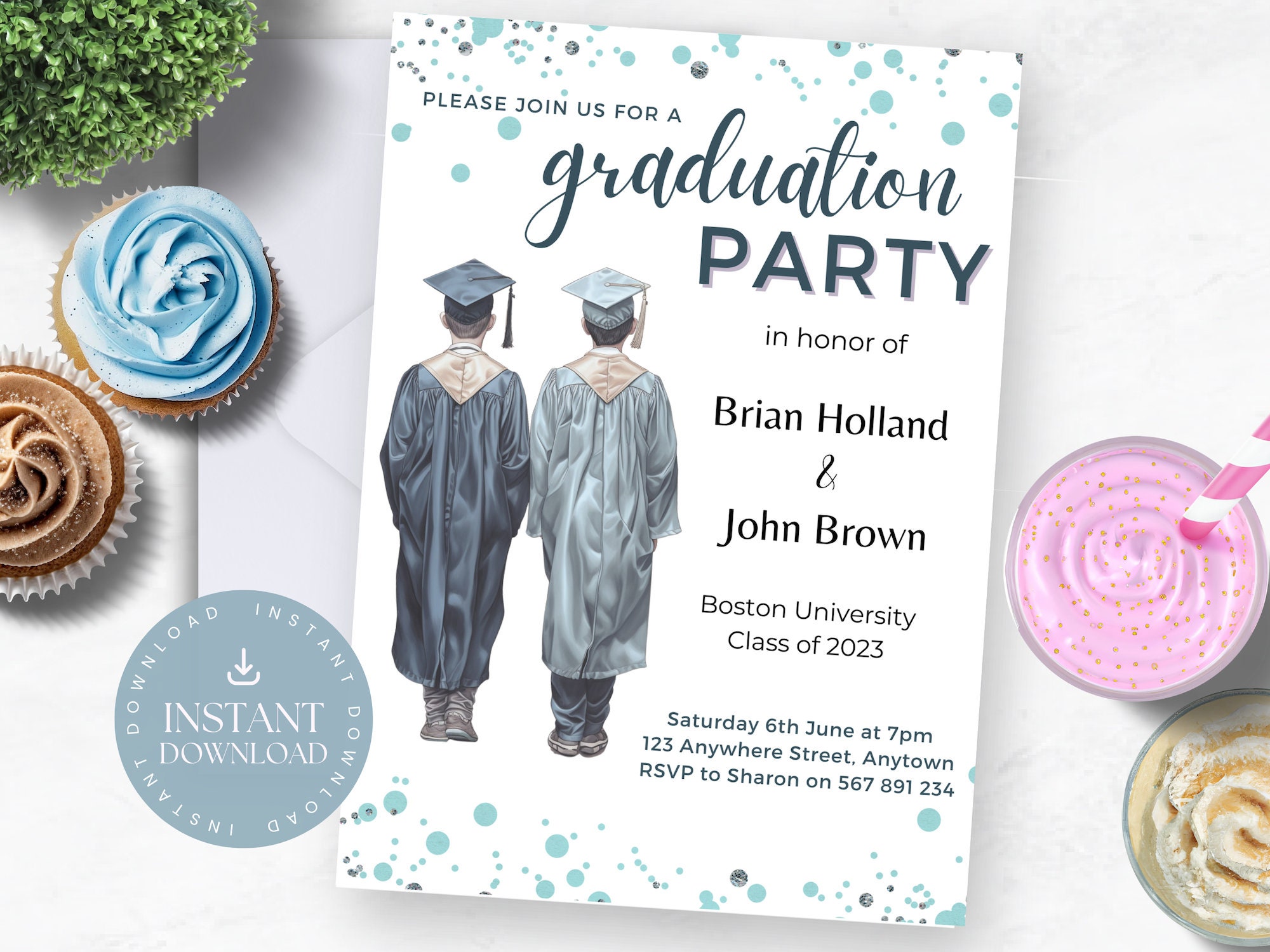 Double Graduation Party Invitation Template, Boys Graduation Invite ...
