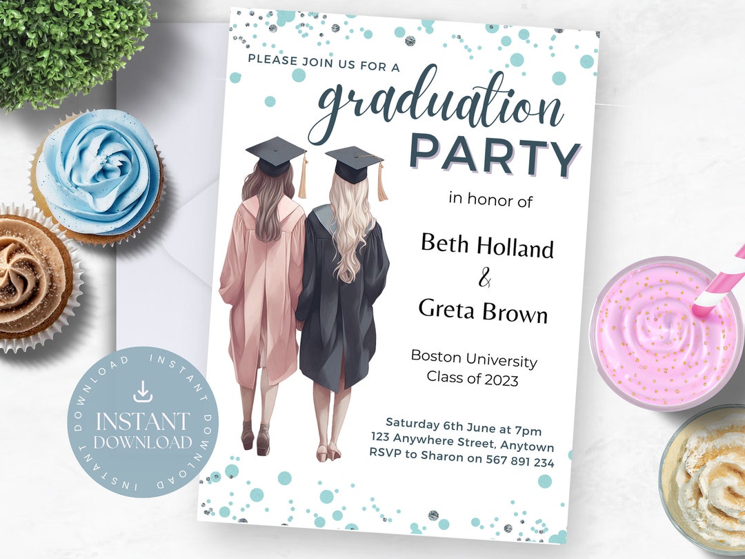 Double Graduation Party Invitation Template, Girls Graduation Invite ...