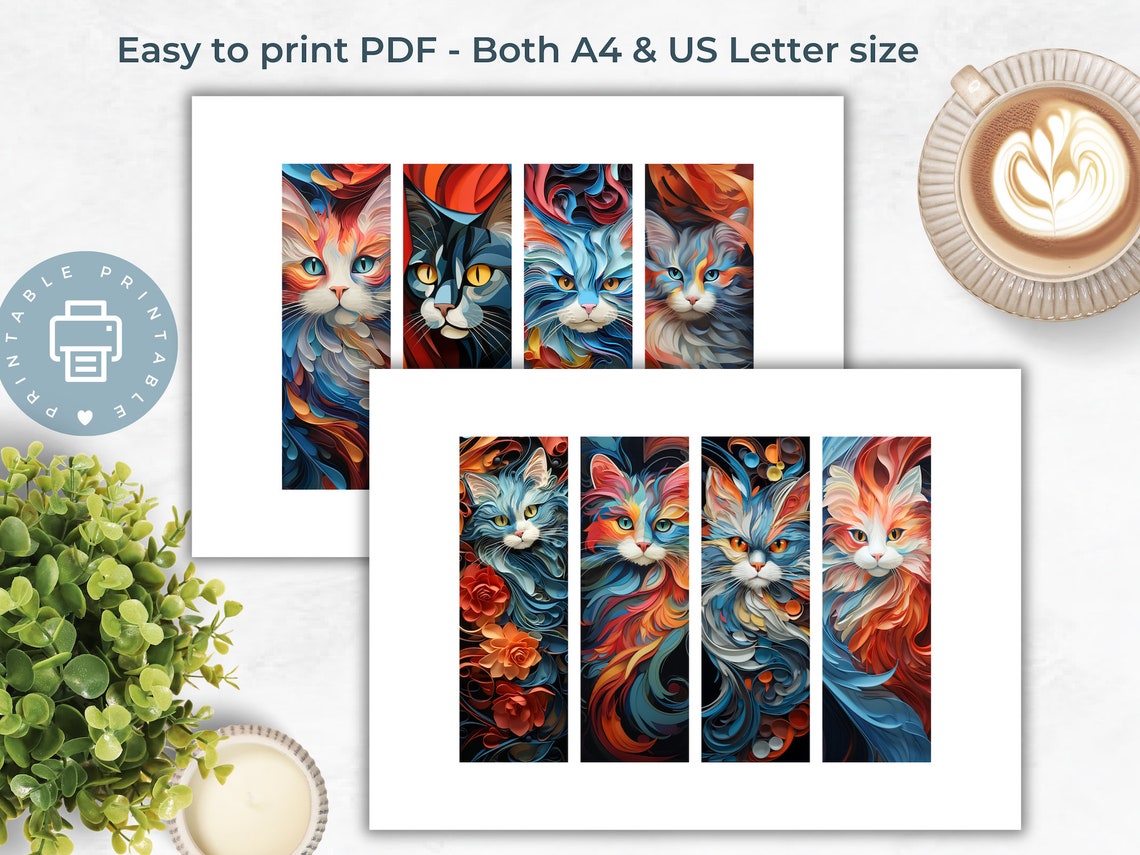 Bookmarks Whimsical Cats, Set of 8, Printable Bookmark, Instant ...