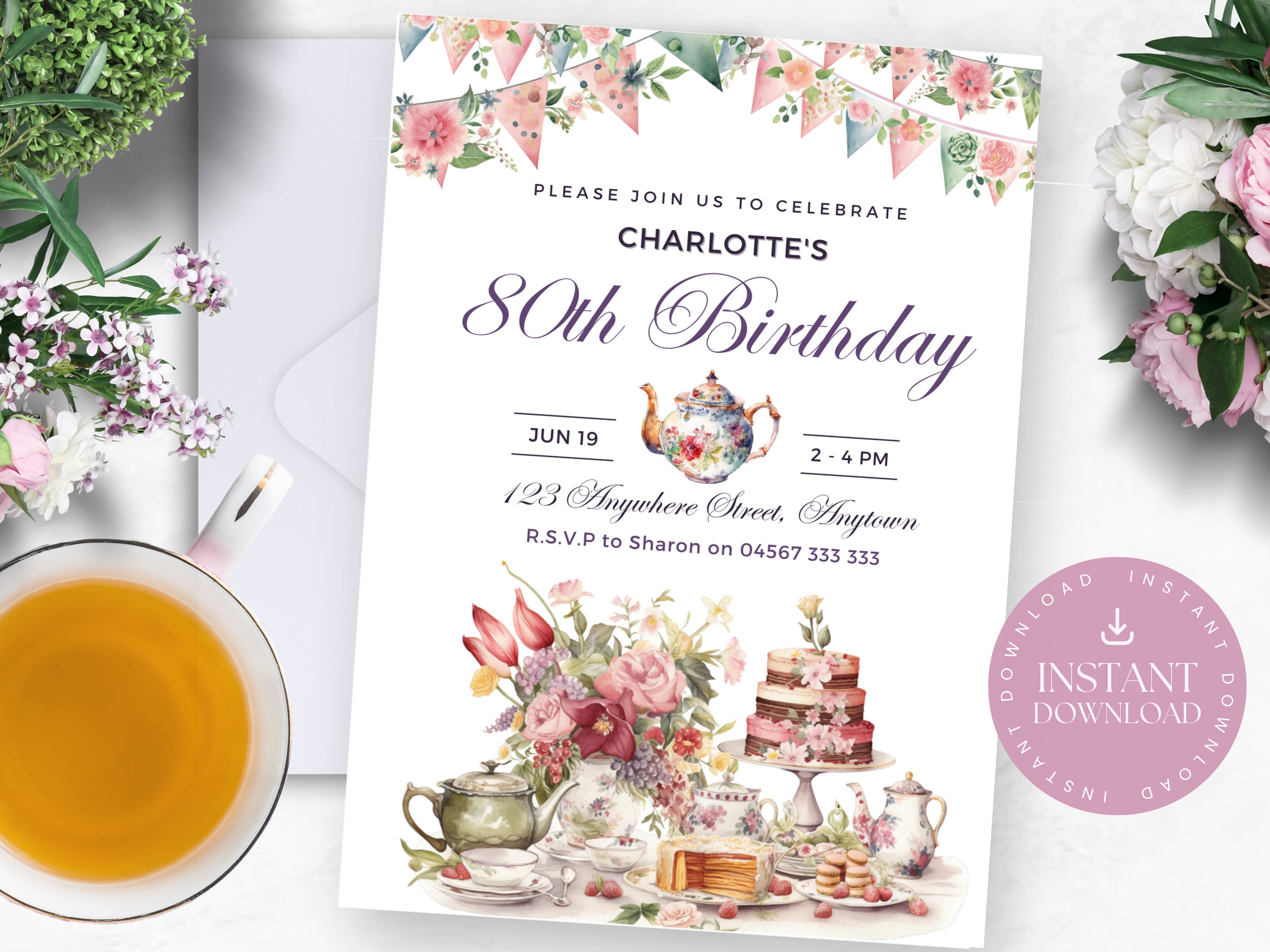 80th Birthday High Tea Invitation | Edit in Canva | Instant Template ...