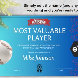 Baseball Award Certificate Template Editable | Create Custom Team ...