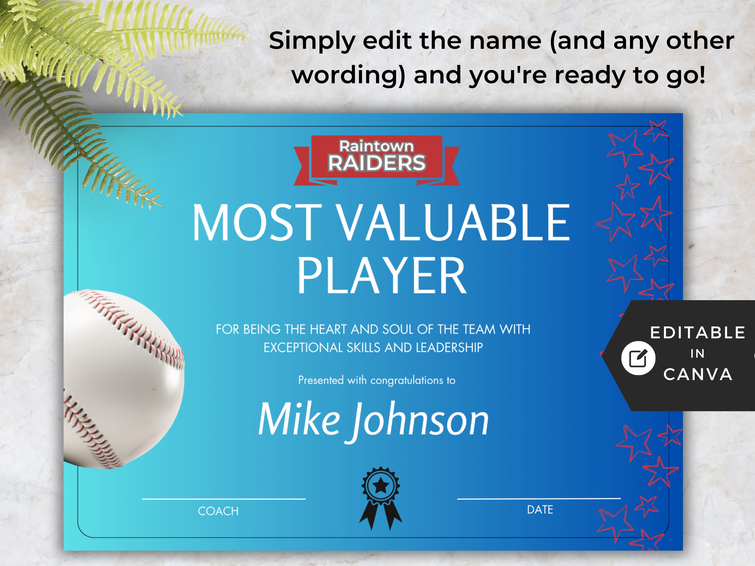 Baseball Award Certificate Template Editable | Create Custom Team ...