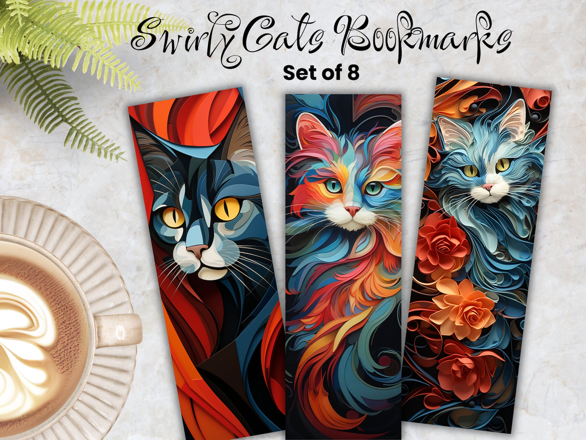 Bookmarks Whimsical Cats, Set of 8, Printable Bookmark, Instant ...