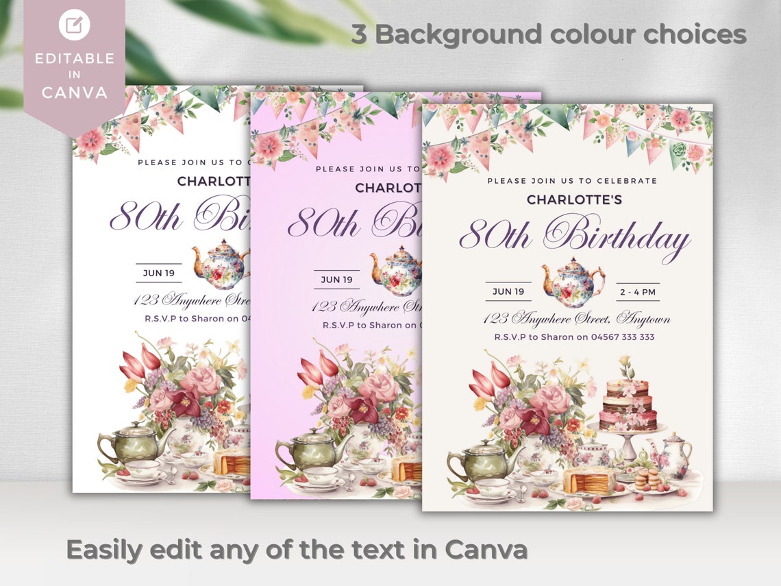 80th Birthday High Tea Invitation | Edit in Canva | Instant Template ...