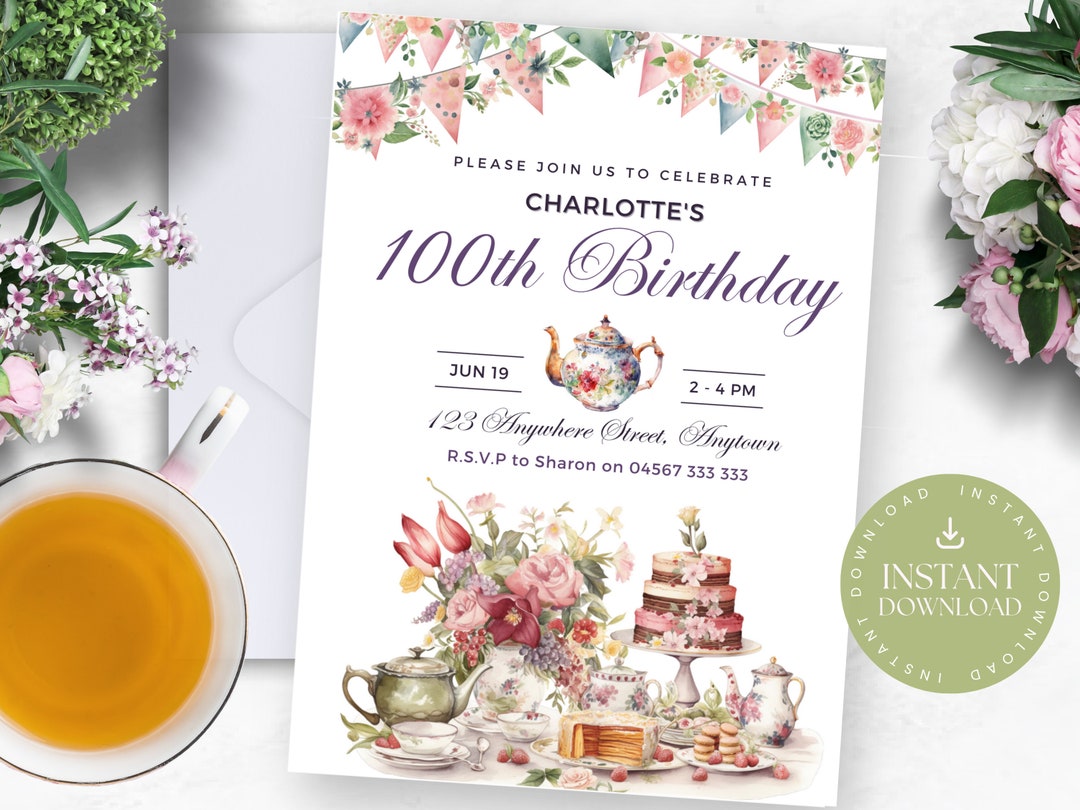 100th Birthday High Tea Invitation | Edit in Canva | Instant Download ...
