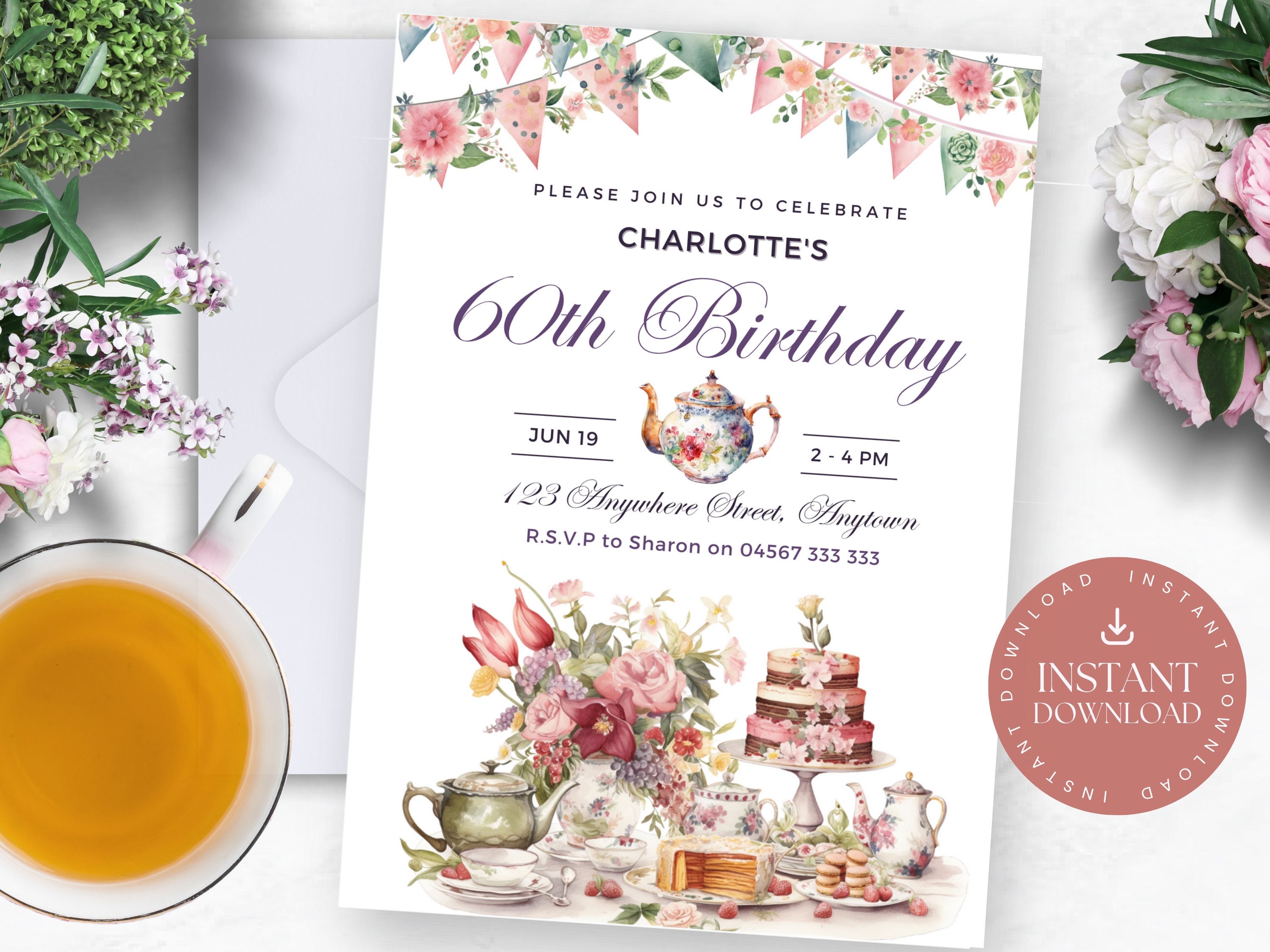 60th Birthday High Tea Invitation | Edit in Canva | Instant Template ...