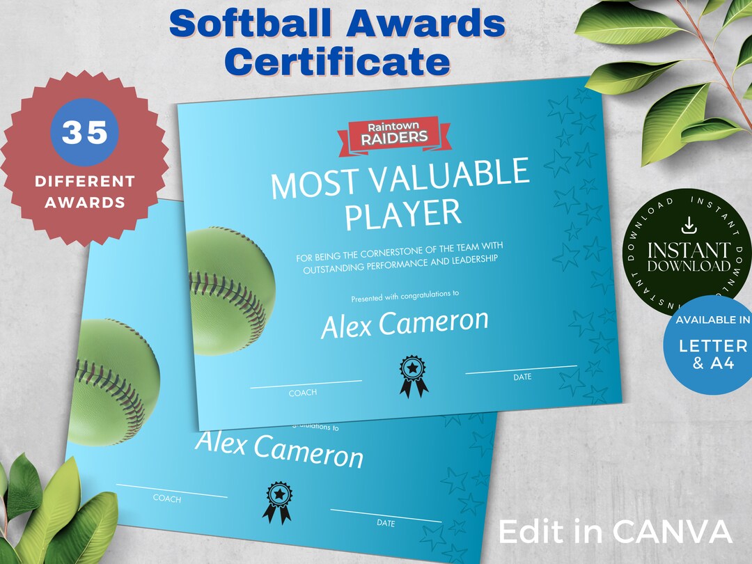 Softball Award Certificate Template Editable | Create Custom Team ...