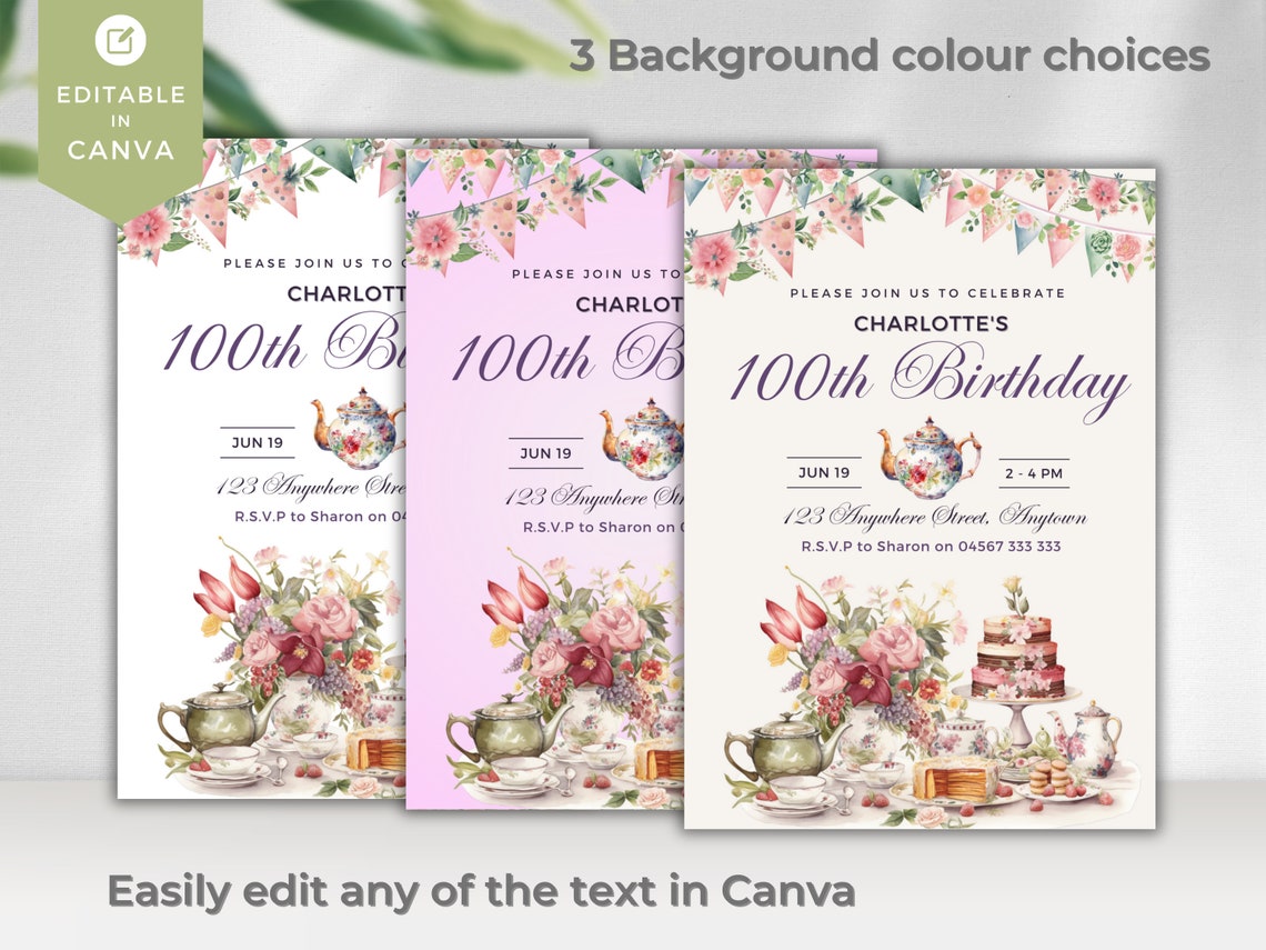 100th Birthday High Tea Invitation | Edit in Canva | Instant Download ...