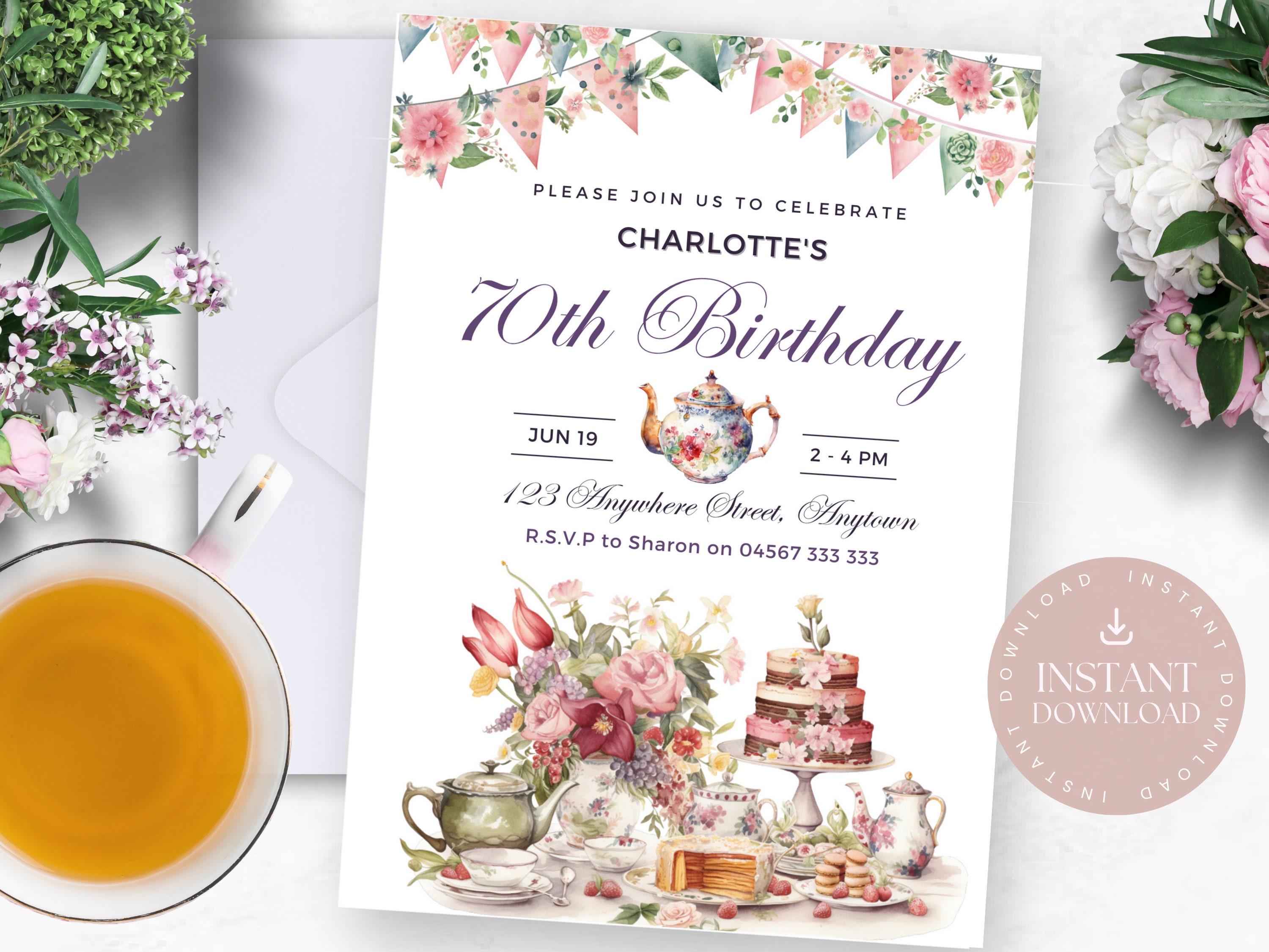 70th Birthday High Tea Invitation | Edit in Canva | Instant Template ...