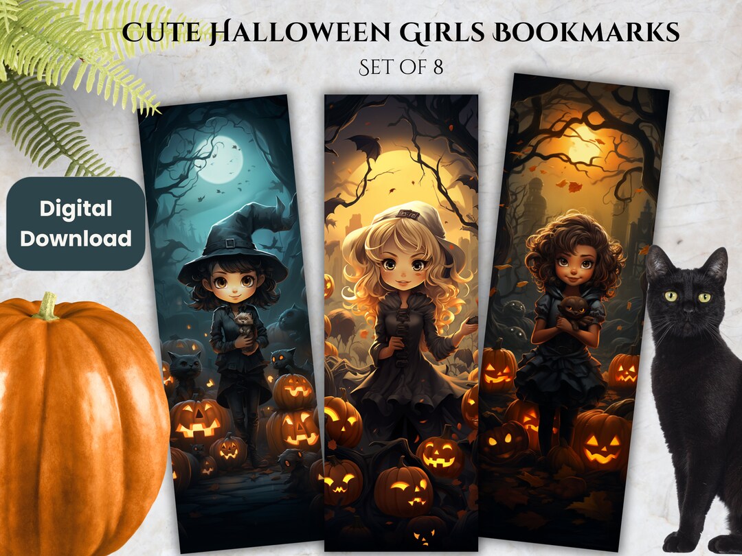 Cute Halloween Girls Bookmarks, Printable Bookmark Set, Instant ...